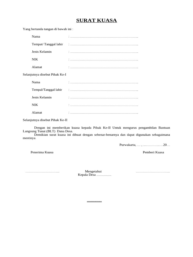 (Draft) SURAT KUASA PENGAMBILAN BLT DD | PDF | Hukum