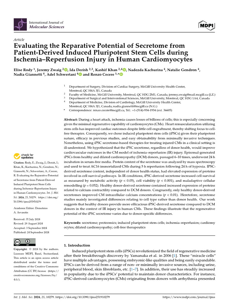 Evaluating The Reparative Potential of Secretome From Patient-Derived Induced Pluripotent Stem ...