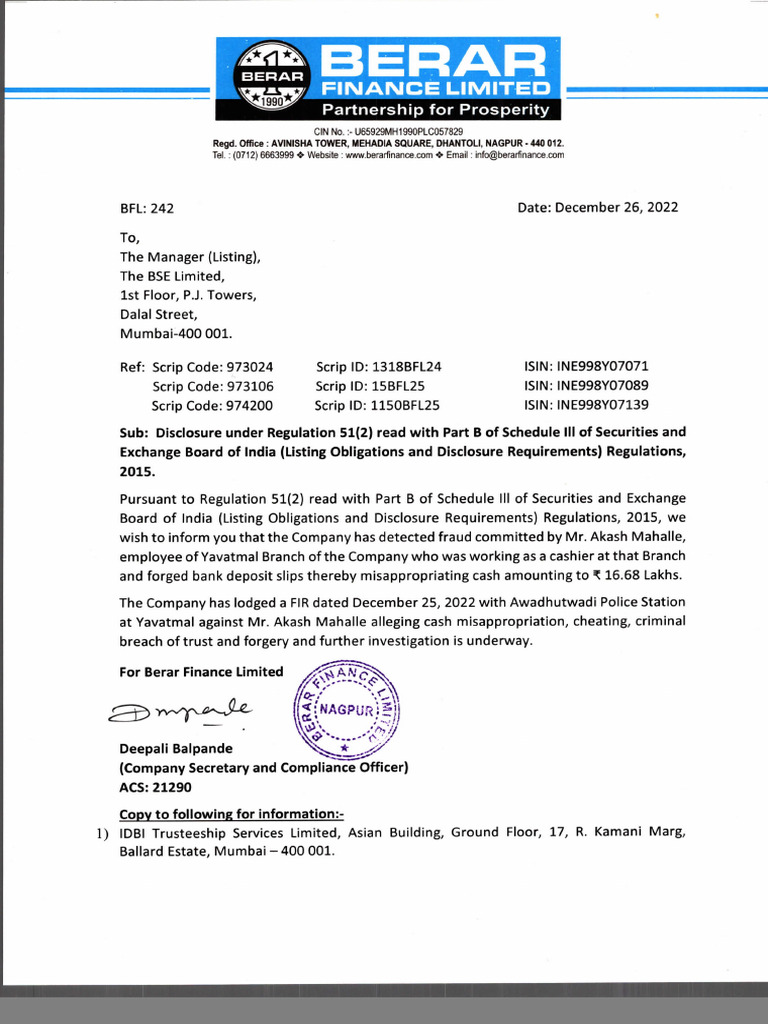 Intimation To Bse Under Regulation 51 2 | PDF