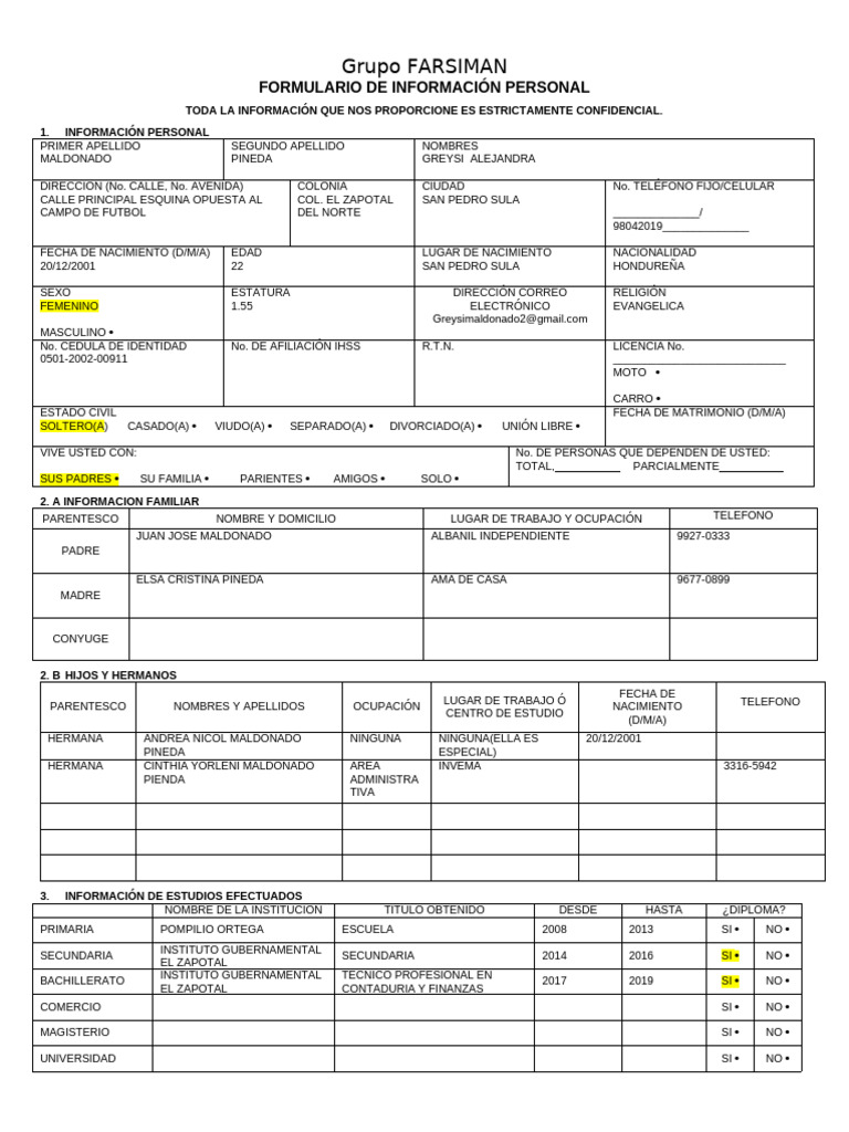 Formulario de Información Personal Abril 2024 | PDF | Especialidades ...