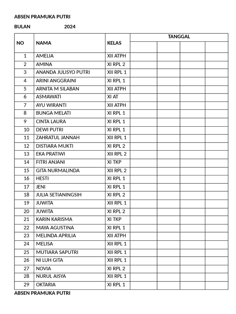 Absen Pramuka Putri 2024 | PDF