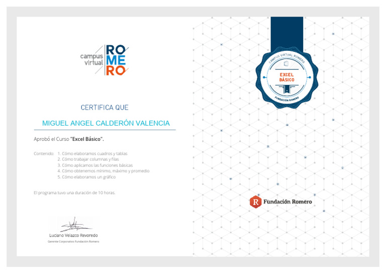 Certificado Excel Básico - Campus Virtual Romero | PDF