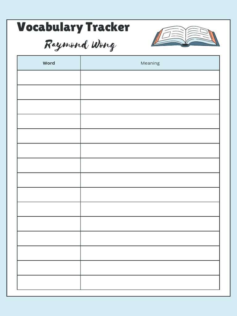 Vocabulary Tracker Worksheet in Blue and White Simple Style | PDF ...