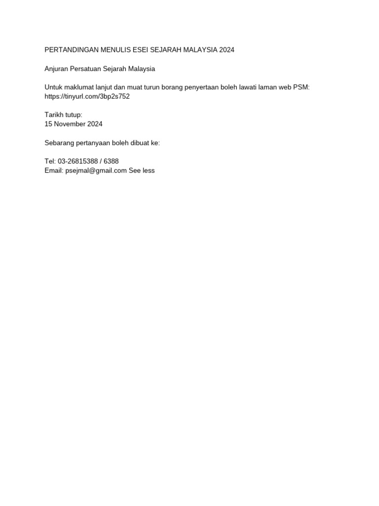 Pertandingan Menulis Esei Sejarah Malaysia 2024 | PDF