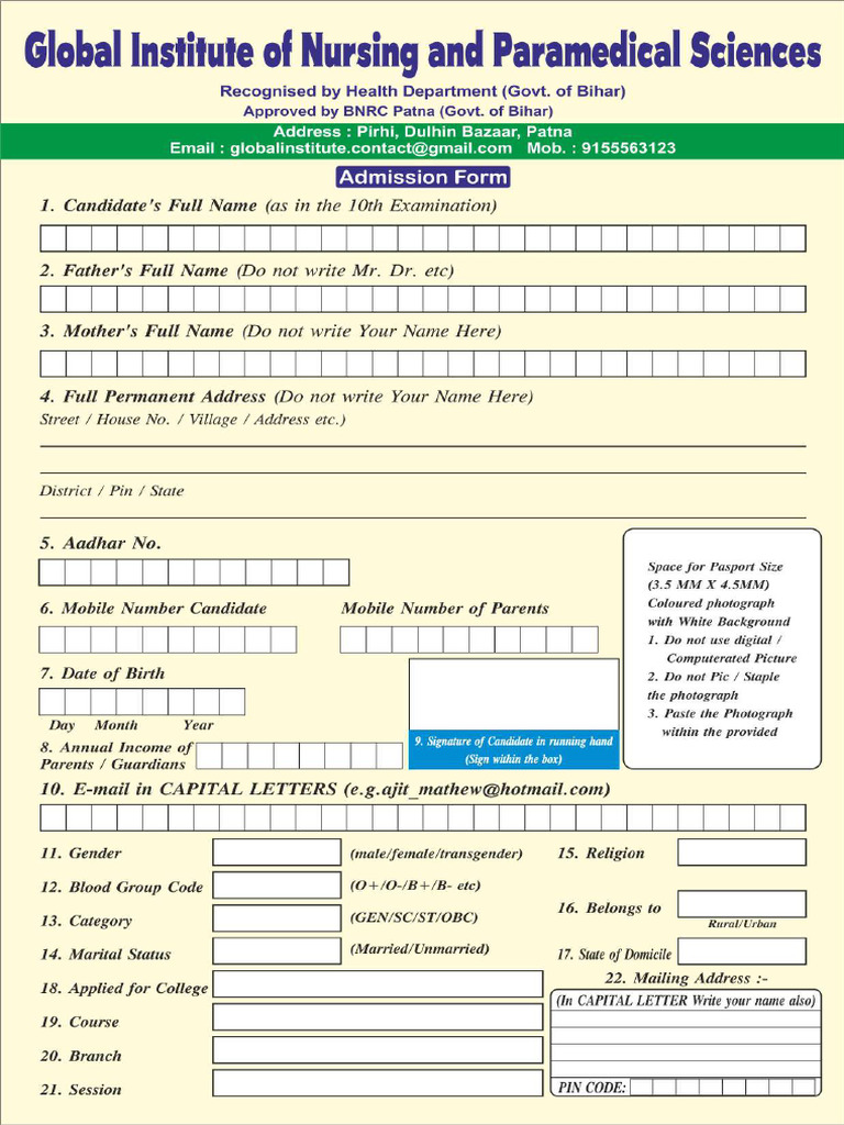 Global Institute of Nursing and Paramedical Sciences Admission Form | PDF