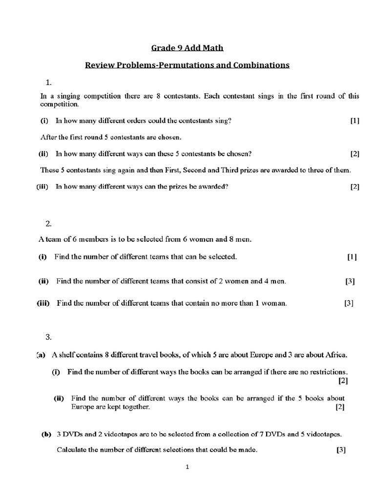 Worksheet On Permutations and Combinations | PDF