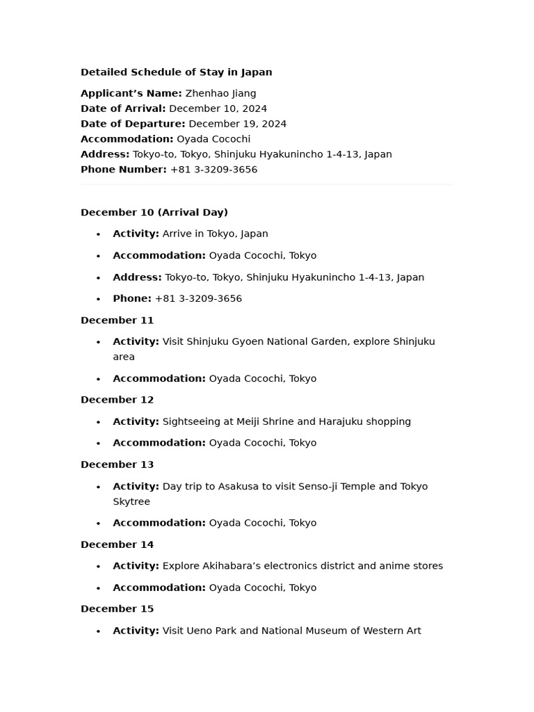 Detailed Schedule of Stay in Japan | PDF | Travel