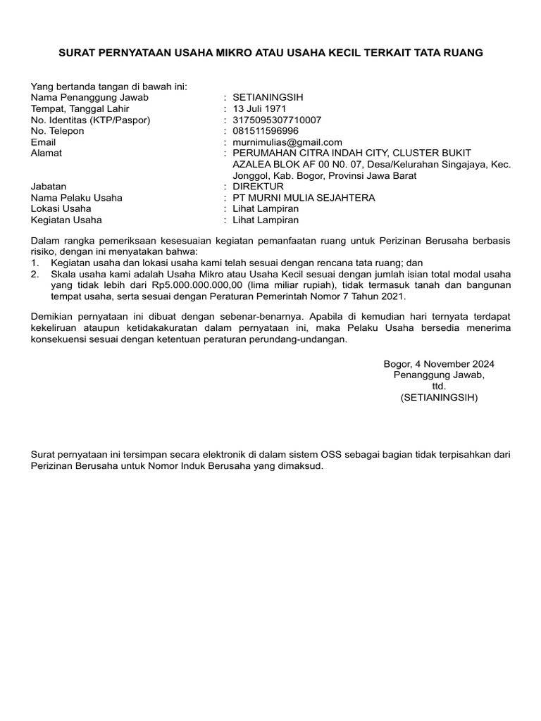 Surat Pernyataan Usaha Mikro Murni Mulia | PDF