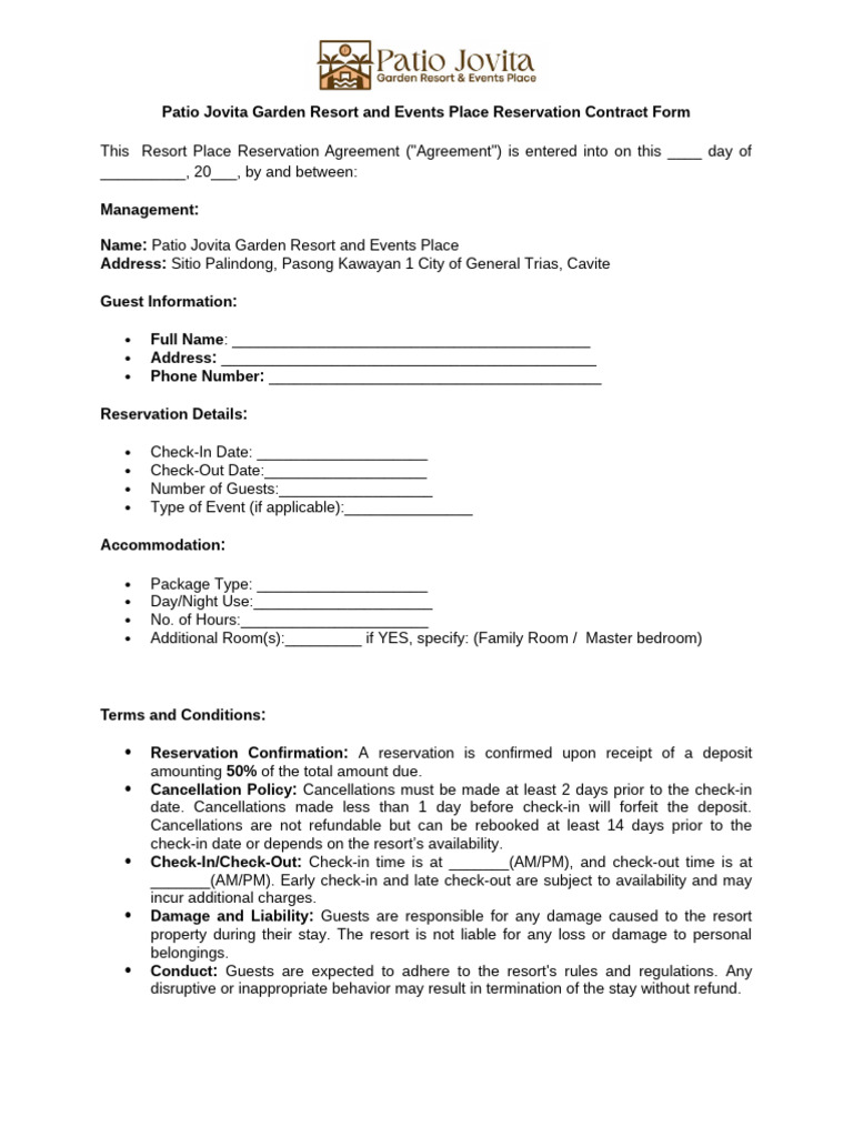 Patio Jovita Reservation Contract Form | PDF | Legal Liability | Fee