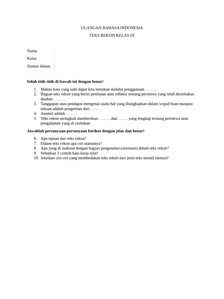 Ulangan Bahasa Indonesia Teks Rekon Kelas Ix | PDF
