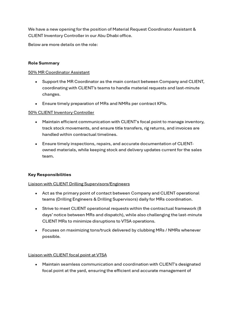 Material Request Coordinator Assistant & Inventory Controller JD | PDF ...