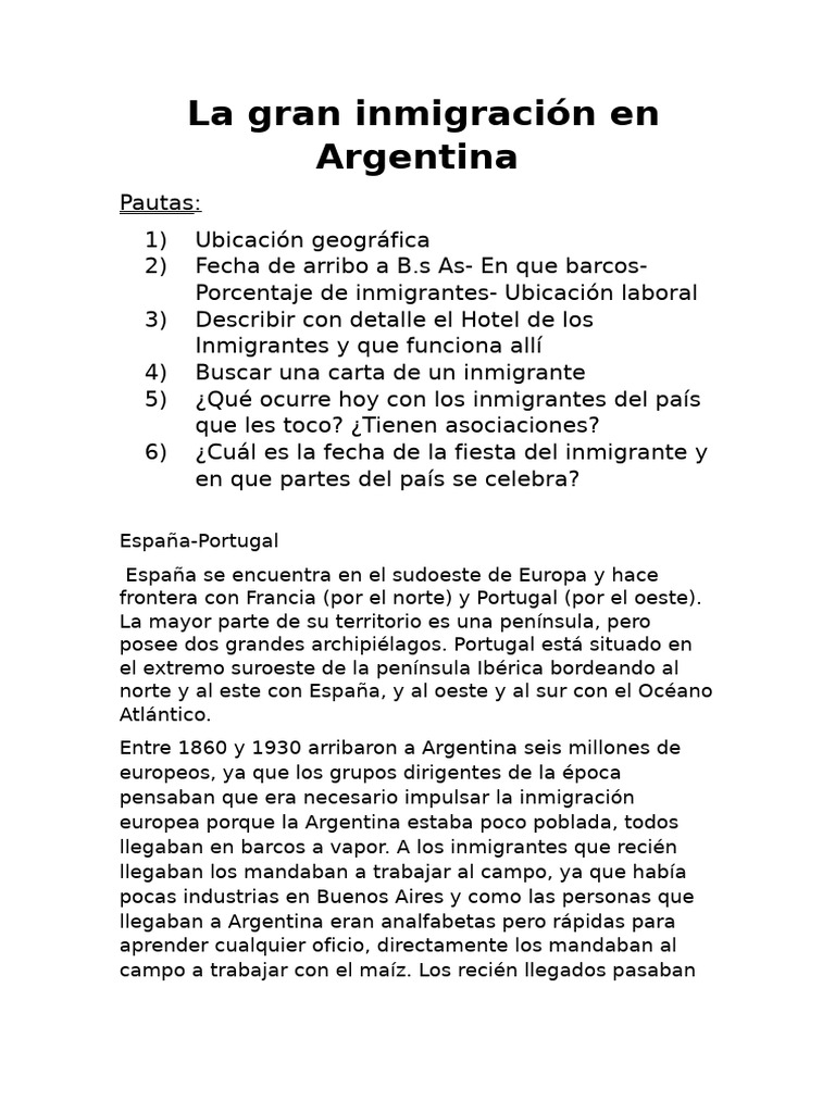 La Gran Inmigración en Argentina T.P | PDF | Inmigración | España