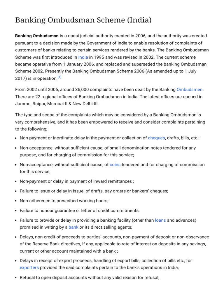 Banking Ombudsman Scheme (India) - Wikipedia | PDF | Banks | Payments