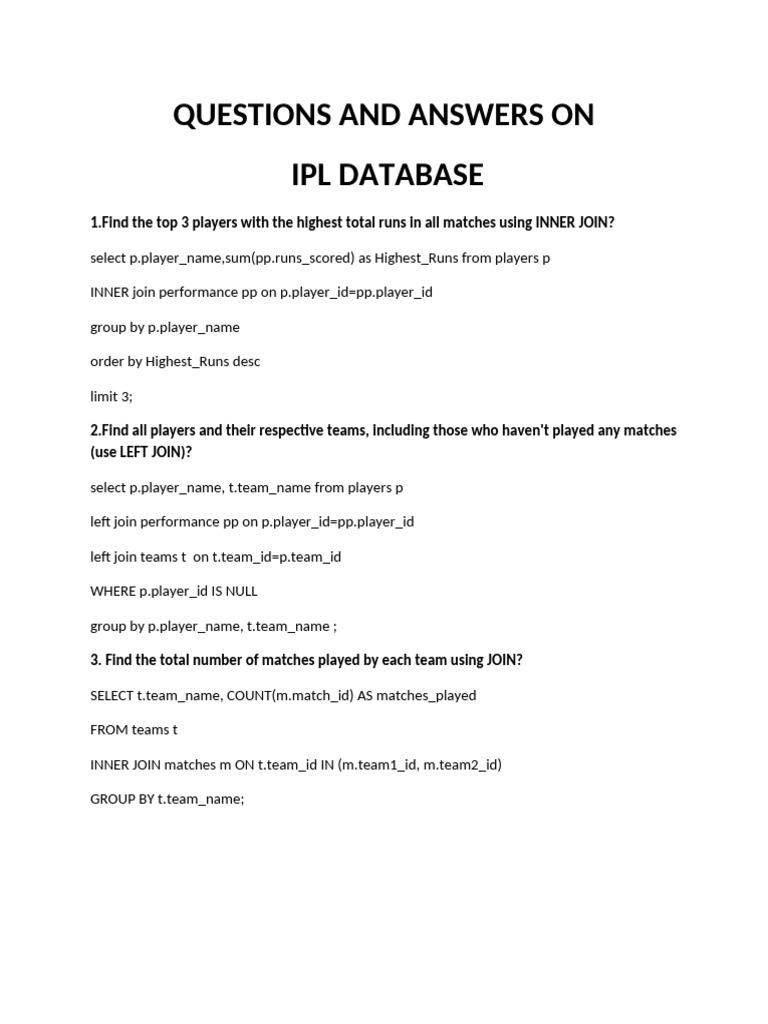 IPL Database: SQL Query Examples | PDF | Cricket | Ball And Bat Games