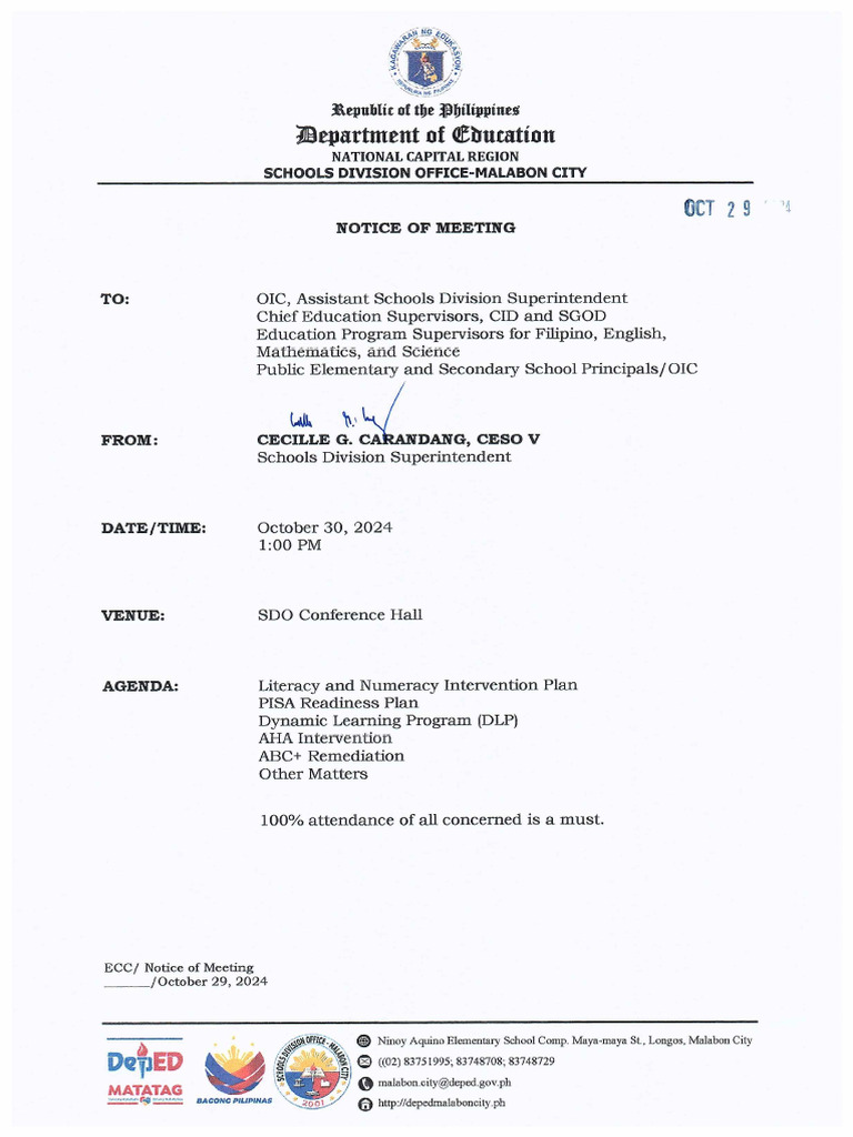 Nom-10-29-24 Notice of Meeting On October 30, 2024 Re Literacy and ...
