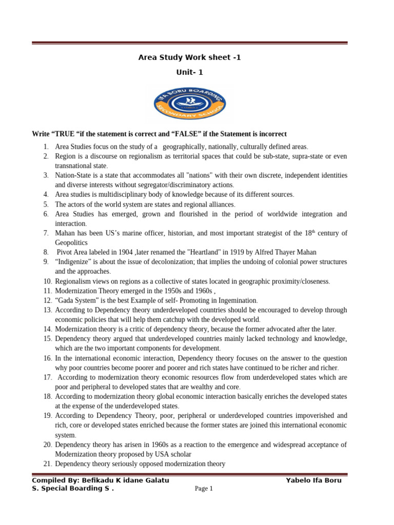 Area Study G-9 Work Sheet Unit - 1-1 | PDF | Geopolitics | Liberal Arts ...