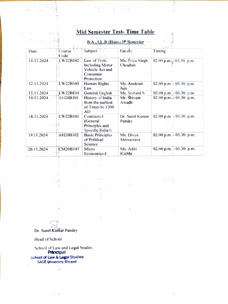 Timetable - 1st Year-2024 batch-MST 1 | PDF | Qualifications | Academic ...