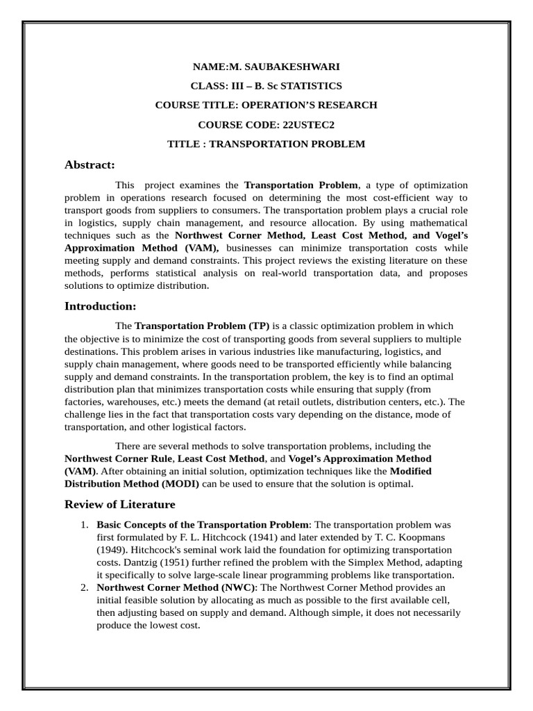 Operaitions Research Project | PDF | Mathematical Optimization | Logistics