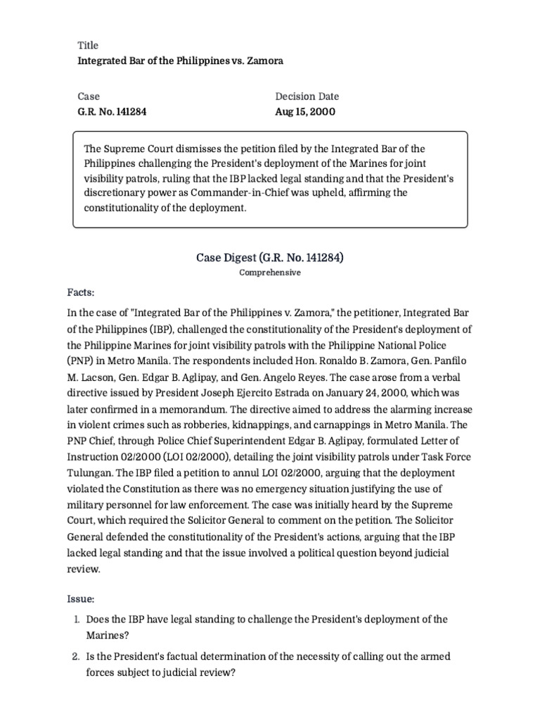 IBP v. Zamora: Supreme Court Ruling | PDF | Standing (Law) | Presidents ...