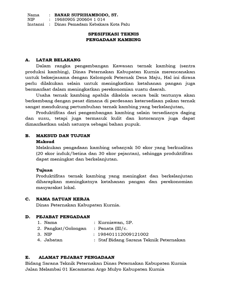 Banar-Lampiran 2 - Form Spesifikasi Teknis Pengadaan Kambing | PDF