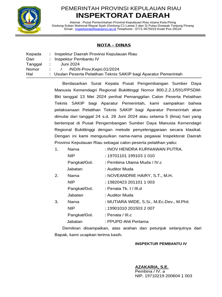 Nodin Utk Usulan Diklat SAKIP | PDF