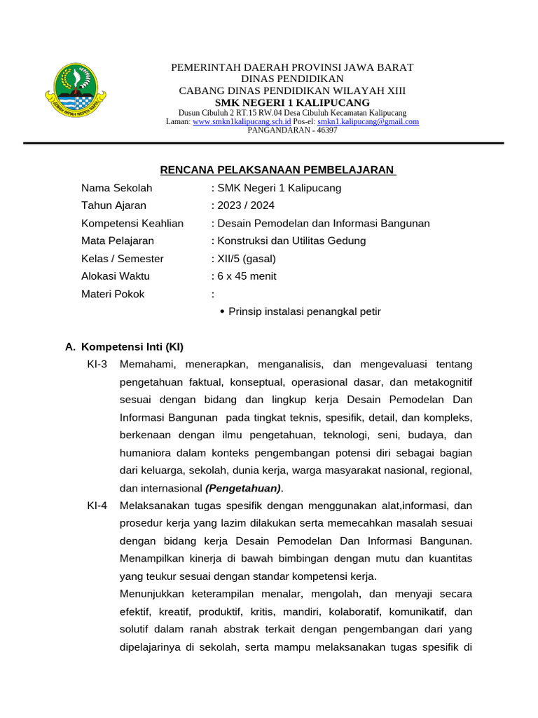 RPP PERTEMUAN KE 5. Prinsip Instalasi Penangkal Petir | PDF