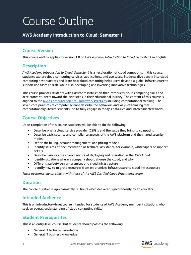 AWS Academy Introduction To Cloud - Semester 1 Course Outline (English ...
