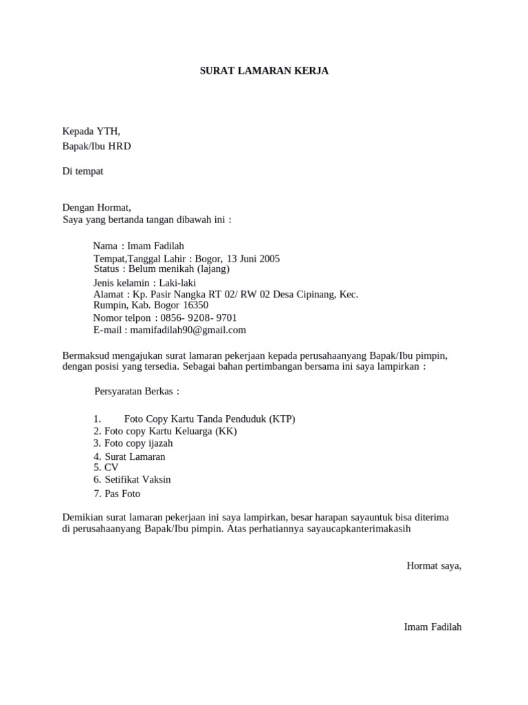 Surat Lamaran - Imam | PDF | Karier & Perkembangan | Kesehatan Holistik