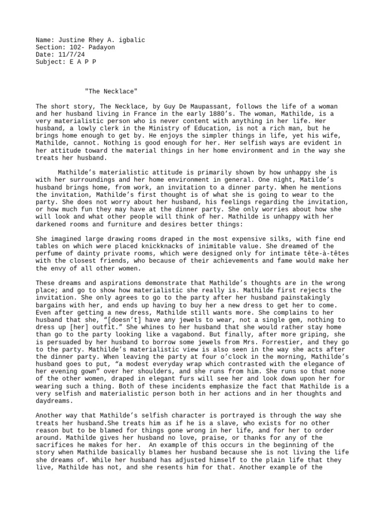 Critical Analysis of The Necklace Short Story | PDF