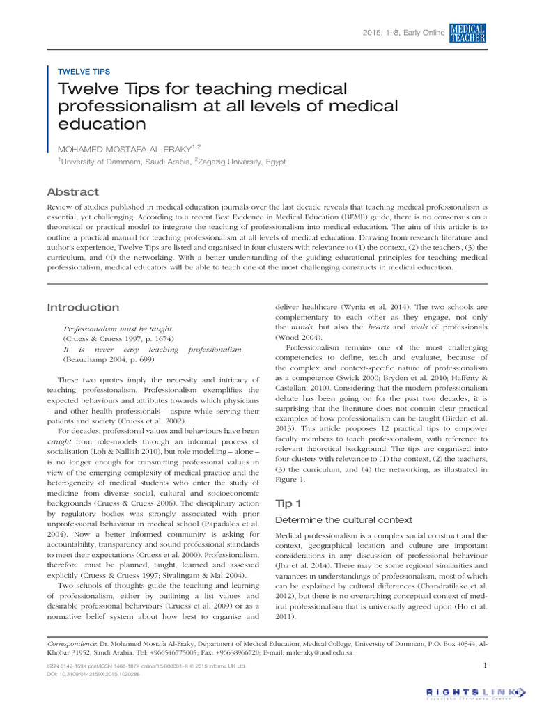 Twelve Tips for Teaching Medical Professionalism | PDF | Learning ...