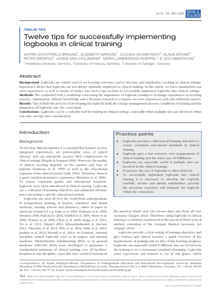 Twelve Tips For Successfully Implementing Logbooks in Clinical Training ...