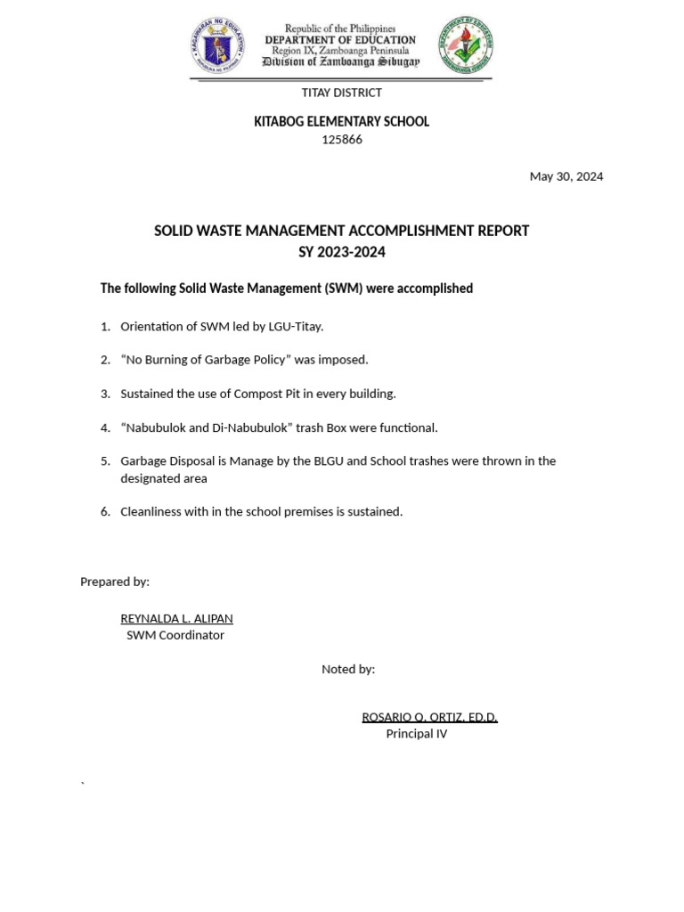 SWM Accomplishment Report Sy 2023-2024 | PDF