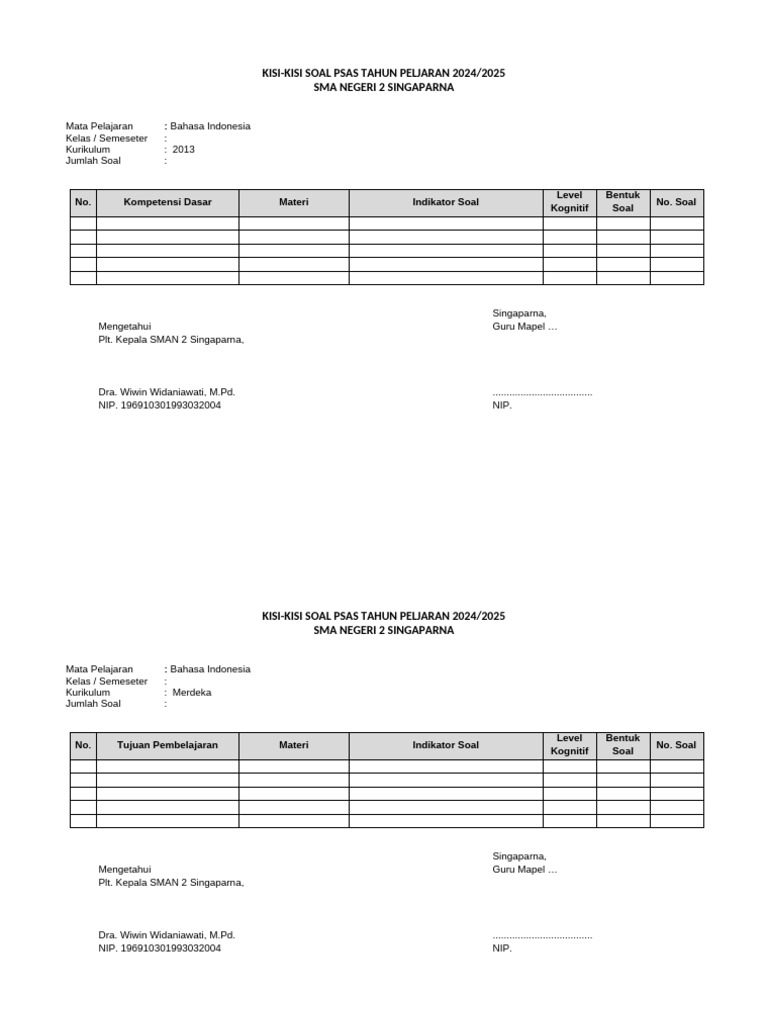 Format Kisi-Kisi Soal PSAS 2024 | PDF