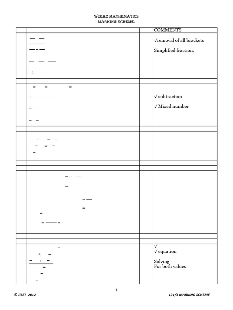 Week2 Markingscheme | PDF | Mathematics | Elementary Mathematics