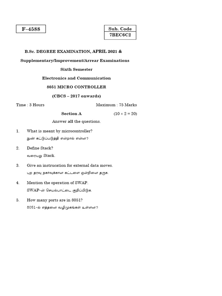 BSC 6 Sem Ec 8051 Micro Controller F 4588 Apr 2021 | PDF | Microcontroller | Integrated Circuit