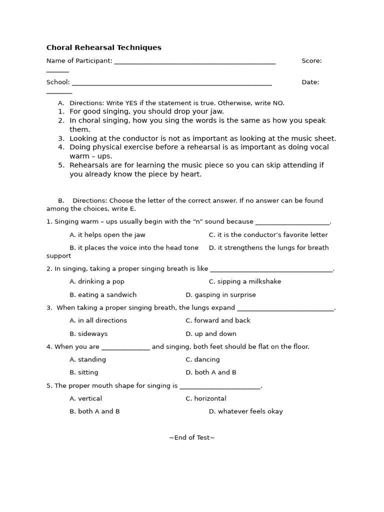 Choral Rehearsal Techniques Test | PDF | Language Arts & Discipline