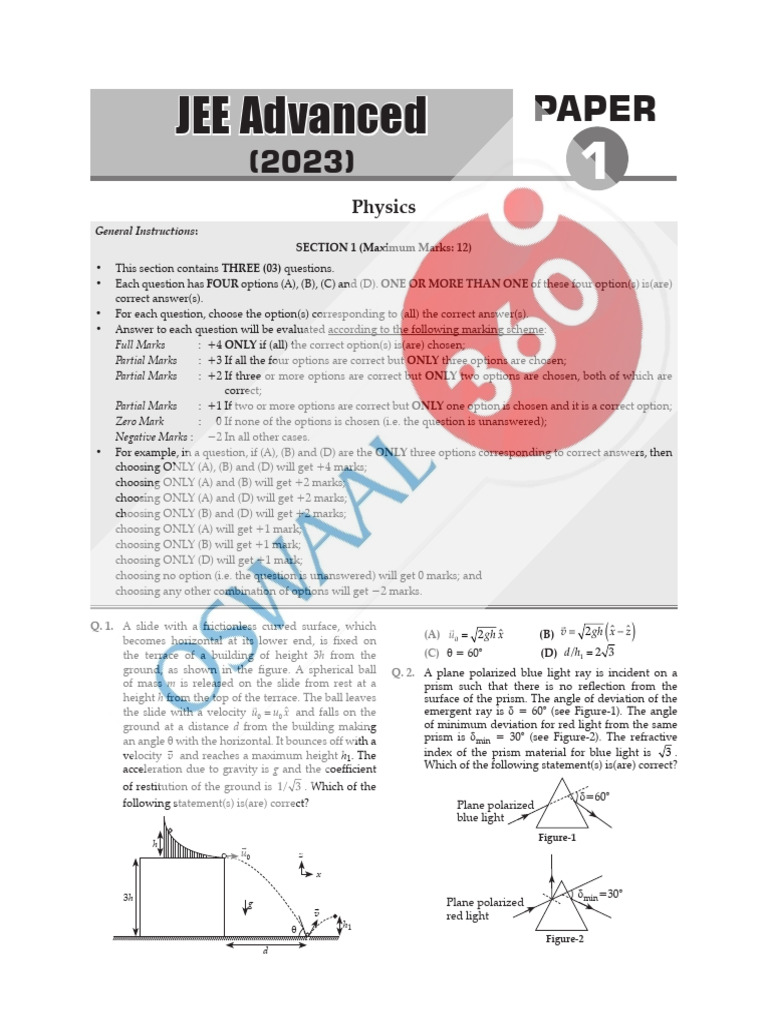 JEE Advanced 2023 Physics Paper 1 | PDF | Refraction | Electromagnetic Radiation