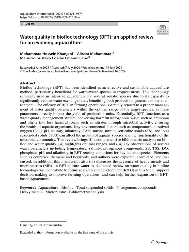 Water Quality in Biofloc Technology (BFT) An Applied Review For An ...