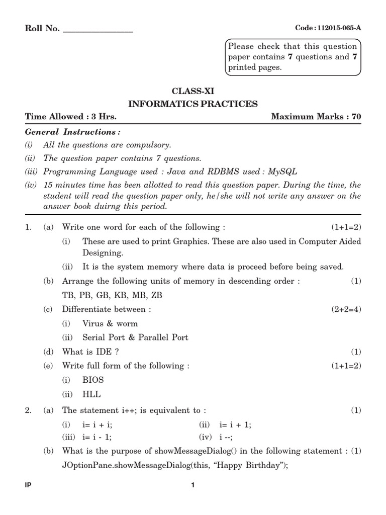 QP14 15 Informatics Practice XI Paper | PDF | Byte | Office Equipment
