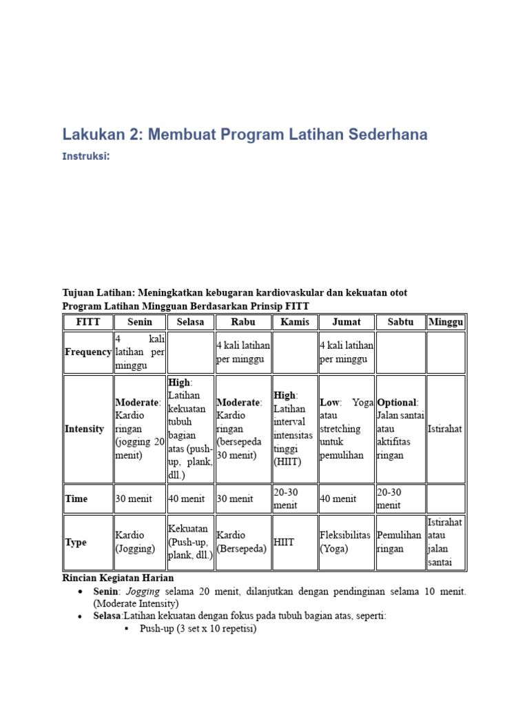 Program Latihan Mingguan Berdasarkan FITT | PDF