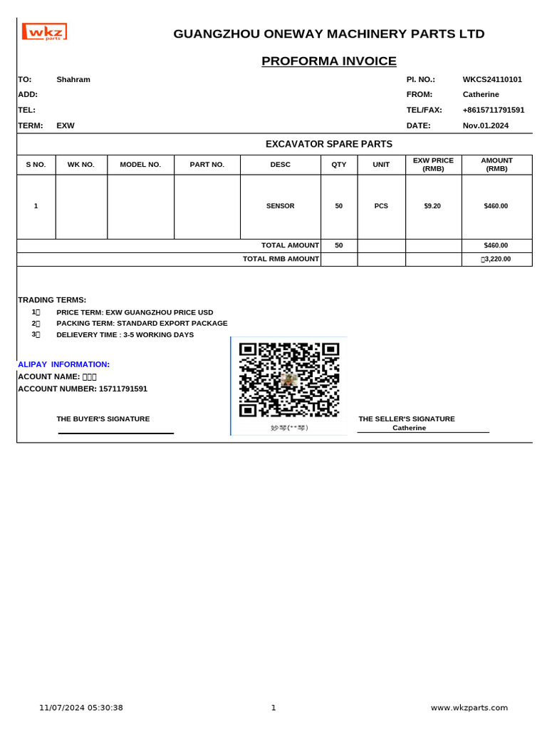 2024-11-1 Guangzhou Oneway Spare Parts Proforma Invoice WKCS24110101 | PDF