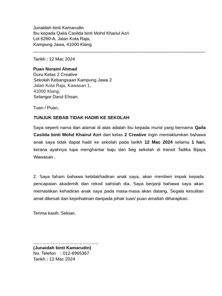 Surat Tunjuk Sebab Anak Tidak Hadir Ke Sekolah | PDF