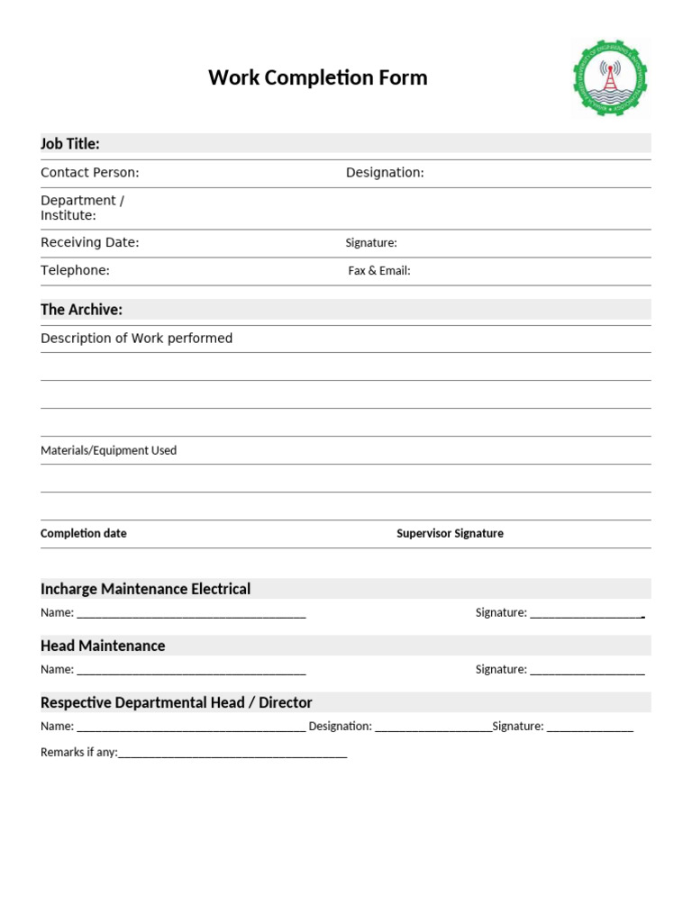 Work Completion Form Template For Company | PDF