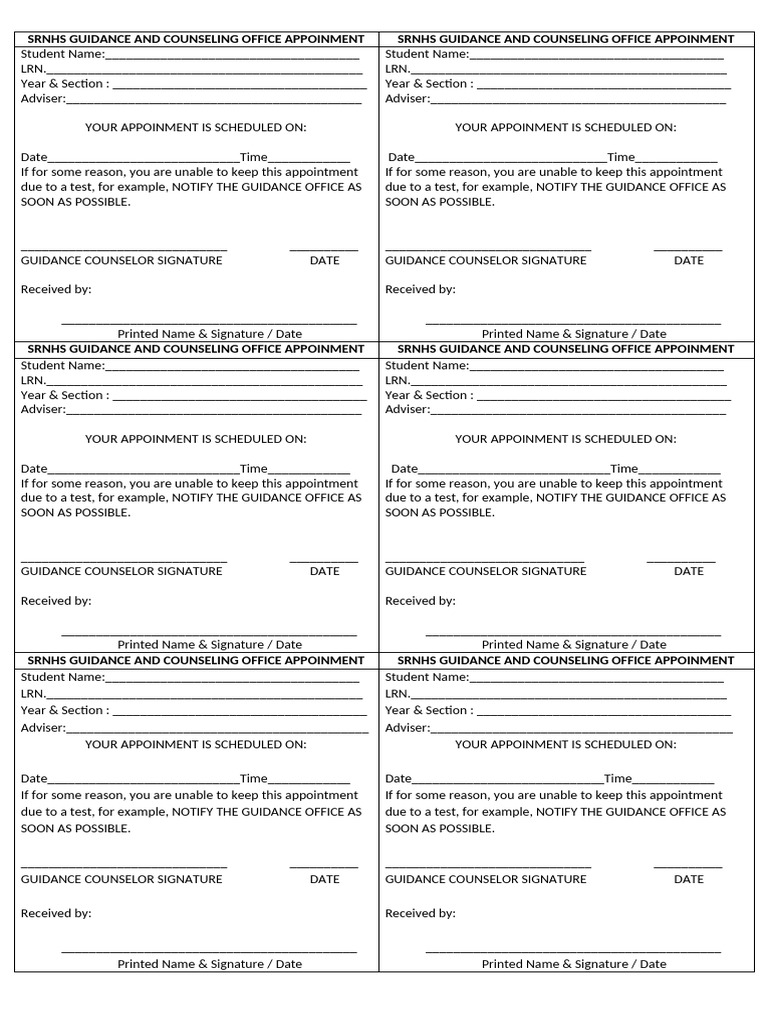 SRNHS Counseling Appointment Slip | PDF | Counseling | Personal Development