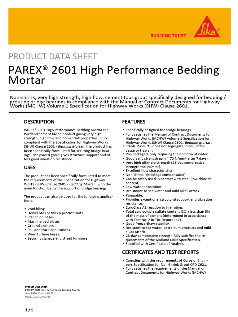 Parex 2601 High Performancebeddingmortar | PDF | Deformation (Engineering) | Elasticity (Physics)