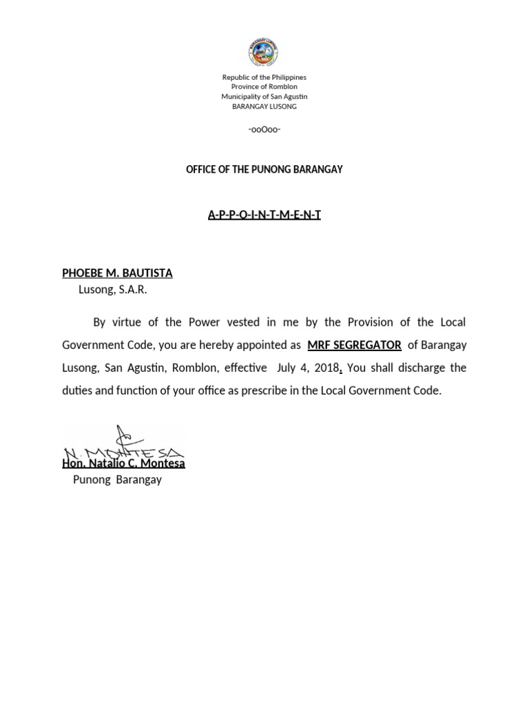 Appointment of Appointed Personel BHW | PDF