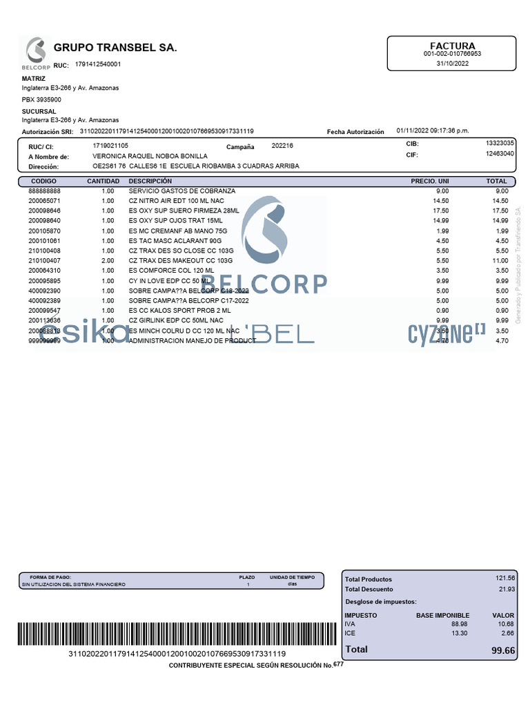 Belcorp FC 001-002-010766953 | PDF