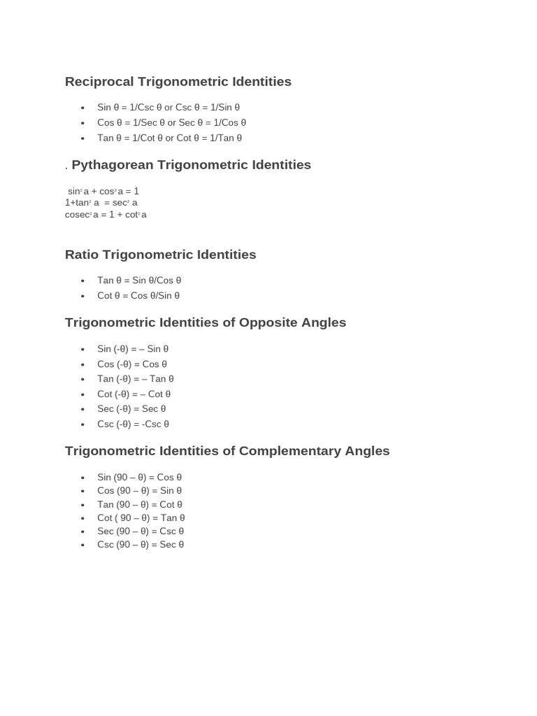 Trigonometry Formulae | PDF | Trigonometry | Trigonometric Functions