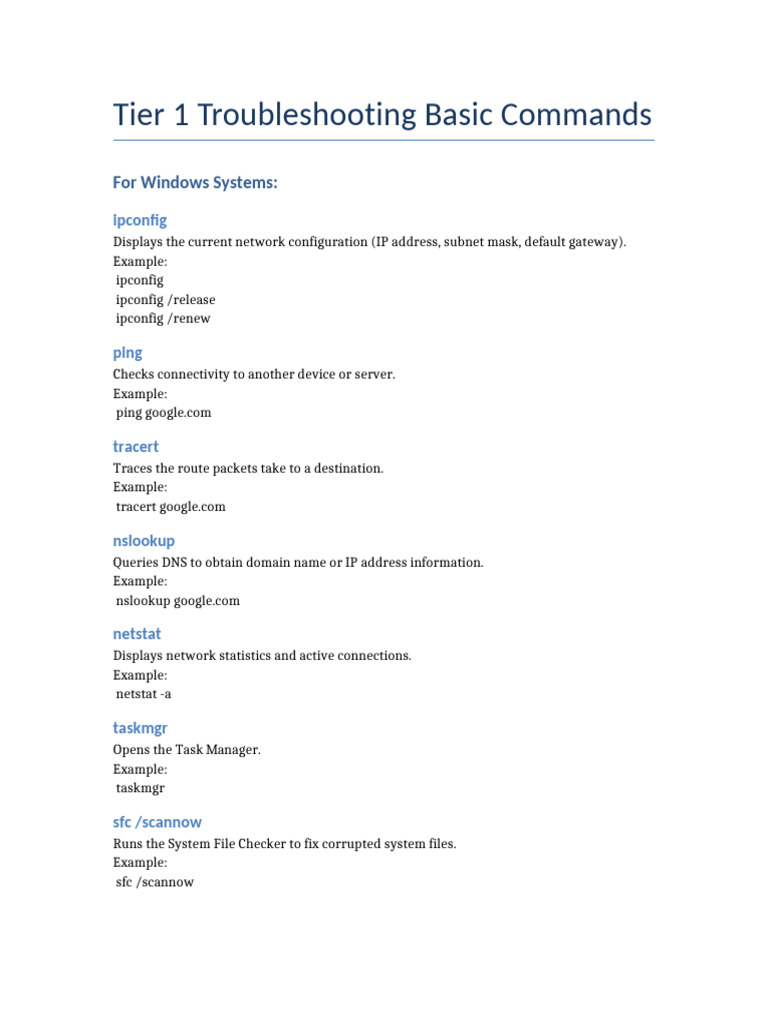 Tier 1 Network Troubleshooting Commands | PDF