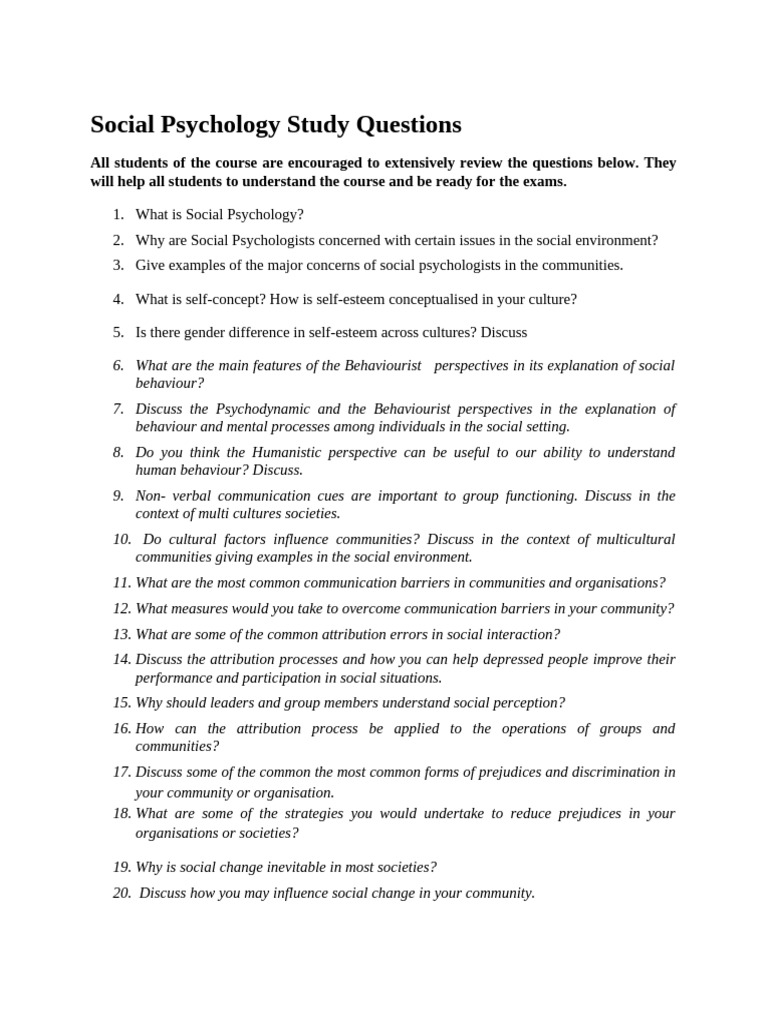 Social Psychology Exam Study Questions | PDF | Social Psychology ...